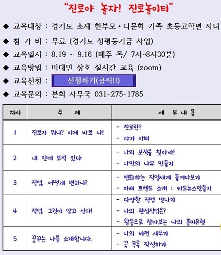 온라인 다양한 가족 성장프로그램 초등학교 고학년 진로놀이터 한국지역사회교육협의회 연합kace연합